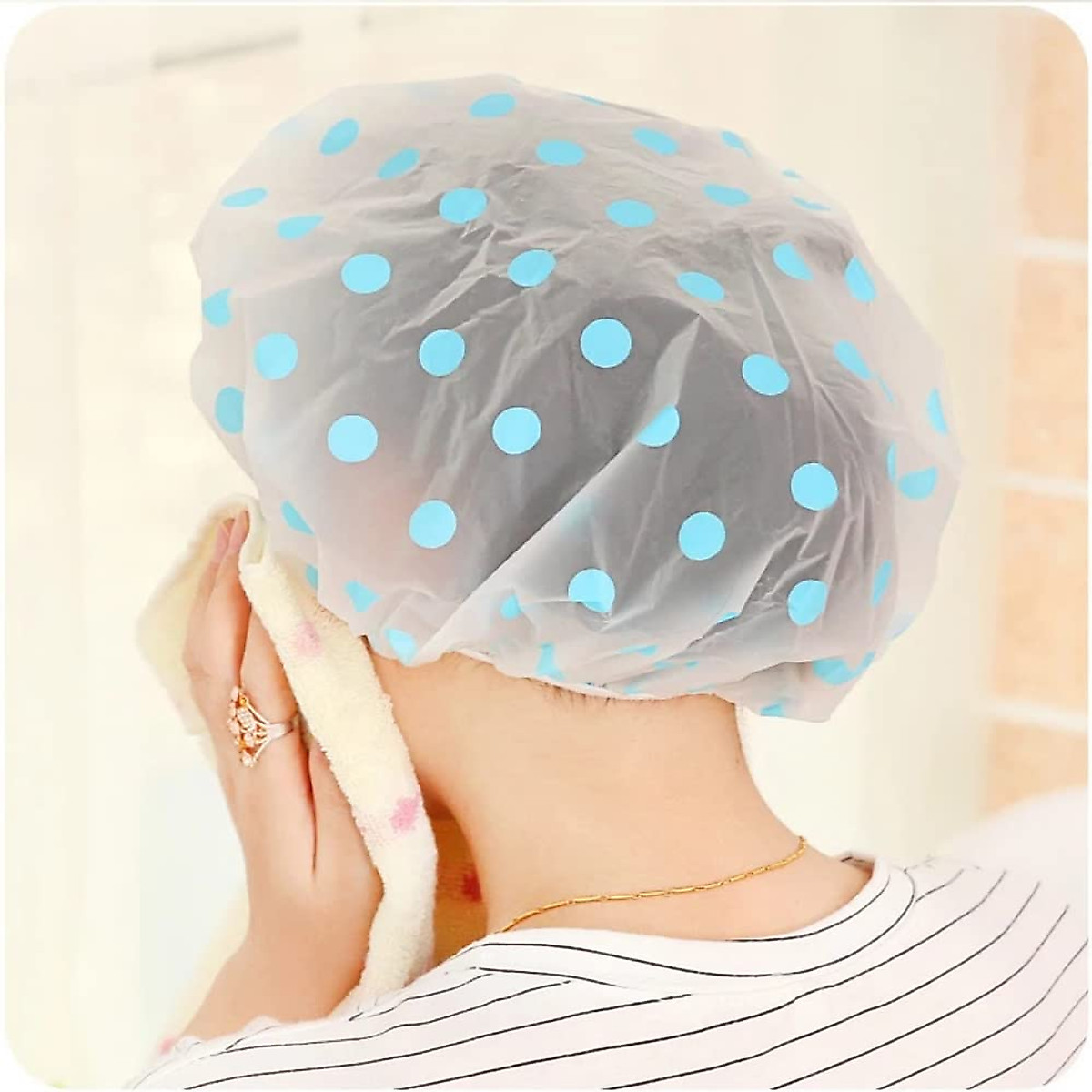 Waterproof Shower Cap,6Pcs Dot Plastic Shower Caps Reusable Elastic Large Shower cap for Women Long Hair