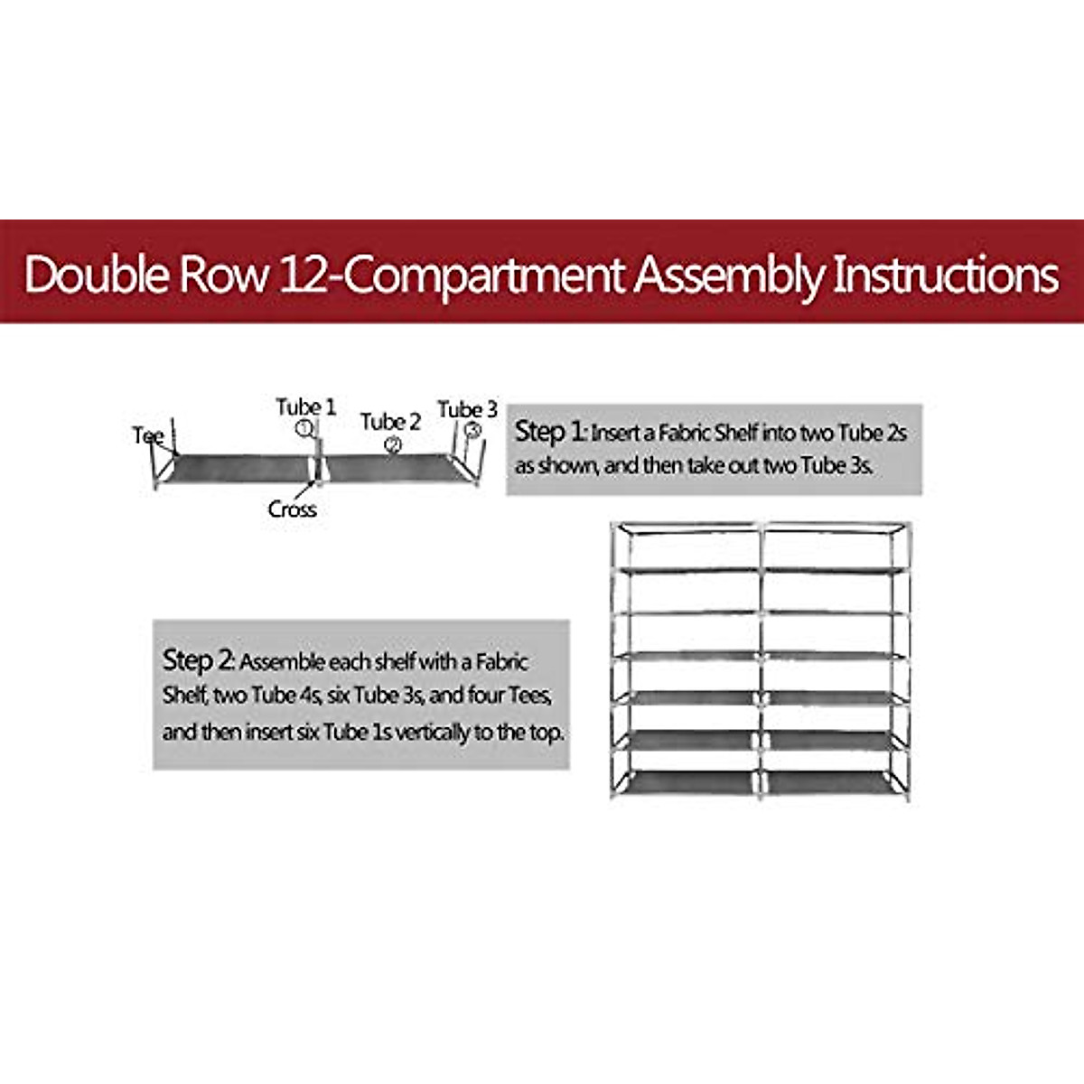 QJing Boot Shoe Rack Storage for Closet, 6 Row 2 Line/Dual Rows 12 Lattices Shoe Rack Organizer, with Non-Woven Fabric Cover,Durable and Stable，Save space,L42.1 x W11.61 x H45.3 (Wine Red)