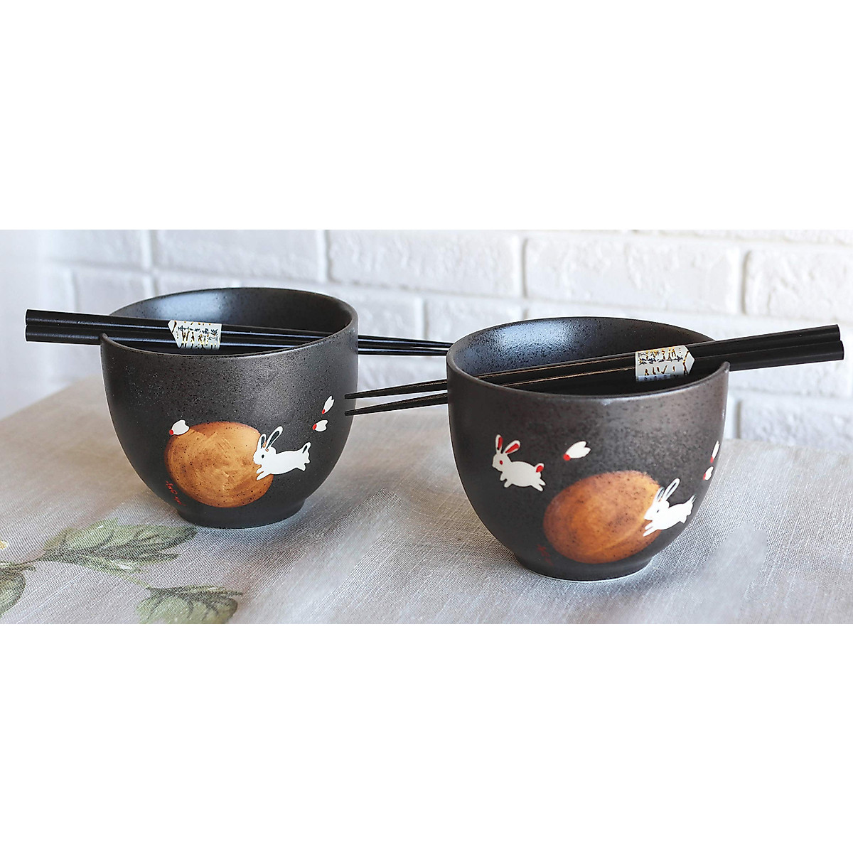 Ebros Pack Of 2 Ceramic Flying White Moon Rabbit Hare Ramen Udong Noodles Black Bowls and Chopsticks For Asian Dining Soup Rice Pasta Salad Collection of Bowl Decor Home Kitchen
