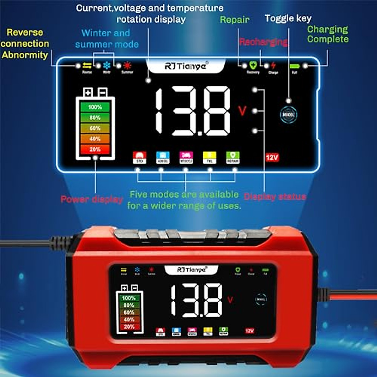 Car Battery Charger, 12V 6A Smart Battery Trickle Charger Automotive 12V Battery Maintainer Desulfator with Temperature Compensation for Car Truck Motorcycle Lawn Mower Marine