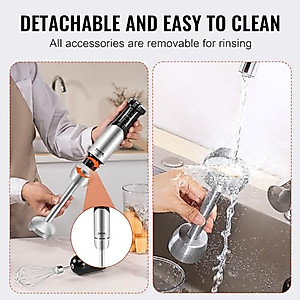 VEVOR Commercial Immersion Blender, 12-Speed Heavy Duty Immersion Blender, Stainless Steel Blade Copper Motor Hand Mixer, Portable Mixer with Measuring Cup, Whisk, Milk Frother, Silver