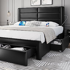 Yaheetech King Size Bed Frame with 2 USB Charging Station/Port for Type A&Type C/3 Storage Drawers, Leather Upholstered Platform Bed with Headboard/Solid Wood Slat Support/No Box Spring Needed/Black