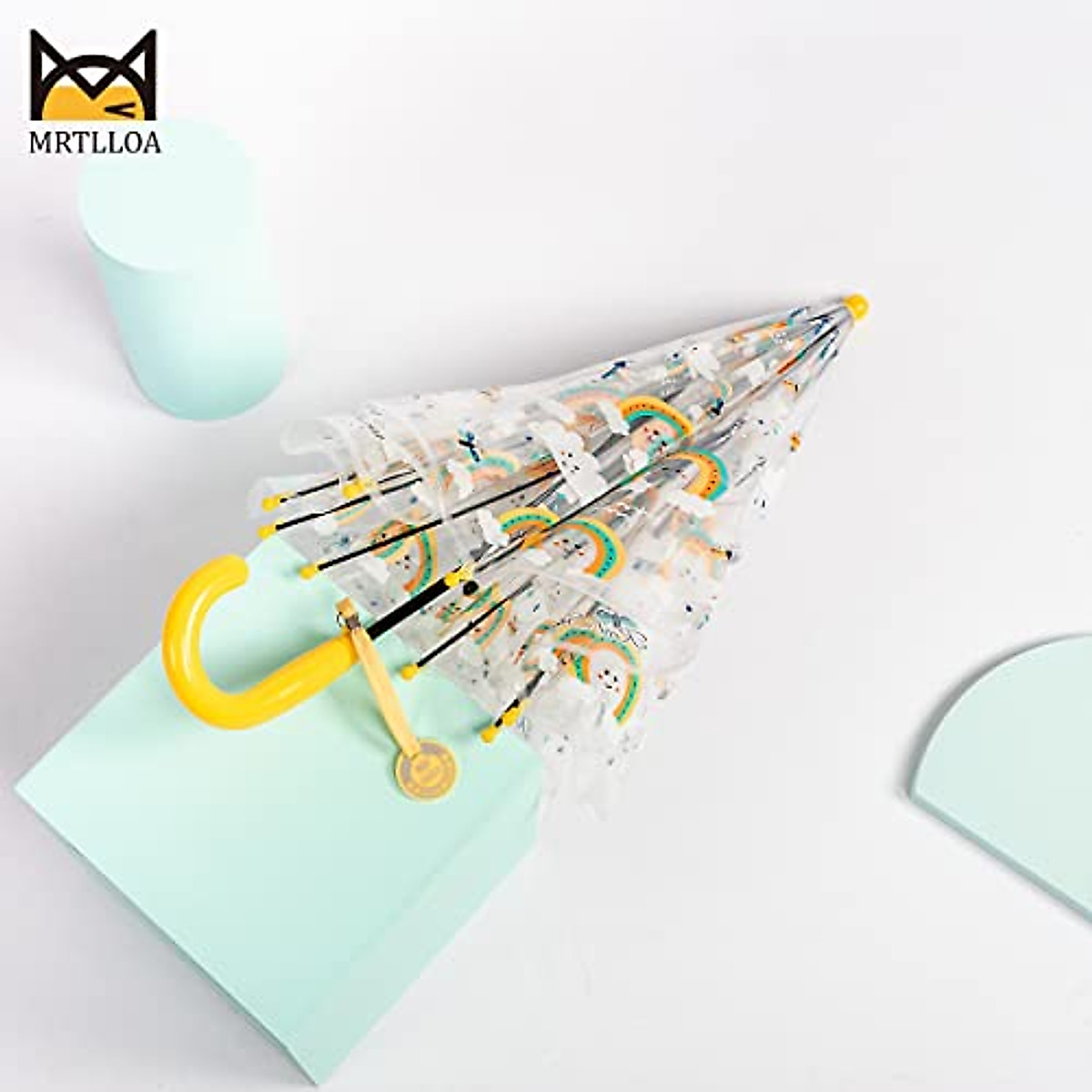 MRTLLOA Kids Rainbow Clear Bubble Umbrella, Toddler Grip Curved Handle Stick Rain Umbrella