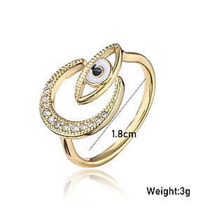 18K Gold Plate Open Ring Moon Star Evil Eye Stainless Steel One Size Adjustable Band Cubic Zircon Ring Jewelry (Moon & Evil Eye)