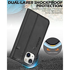 SHIELDON Case for iPhone 14 6.1" 5G, Genuine Leather iPhone 14 Wallet Folio Case [Magnetic Closure] [RFID Blocking Card Slots] [Kickstand] Full Protection Case Compatible with iPhone 14 2022 - Black