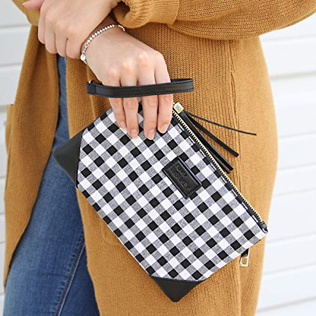 Funky Monkey Fashion Corner Detail Vegan Tartan Wristlet Wallet Clutch Bag - Phone Purse Handbag - Black & White Houndstooth Pattern (Large) (Black & White Buffalo Check)