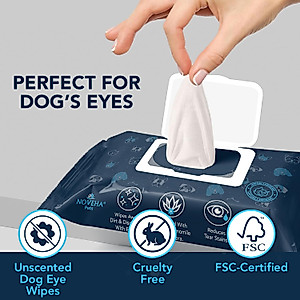 NOVEHA Dog Eye Wipes - Plant-Based Eye Wipes for Dogs - Formulated to Remove Eye Debris, Tear Stains & Eye Discharge - Safe, Convenient, and Large Unscented Wipes (100 Counts, Single Packaging)