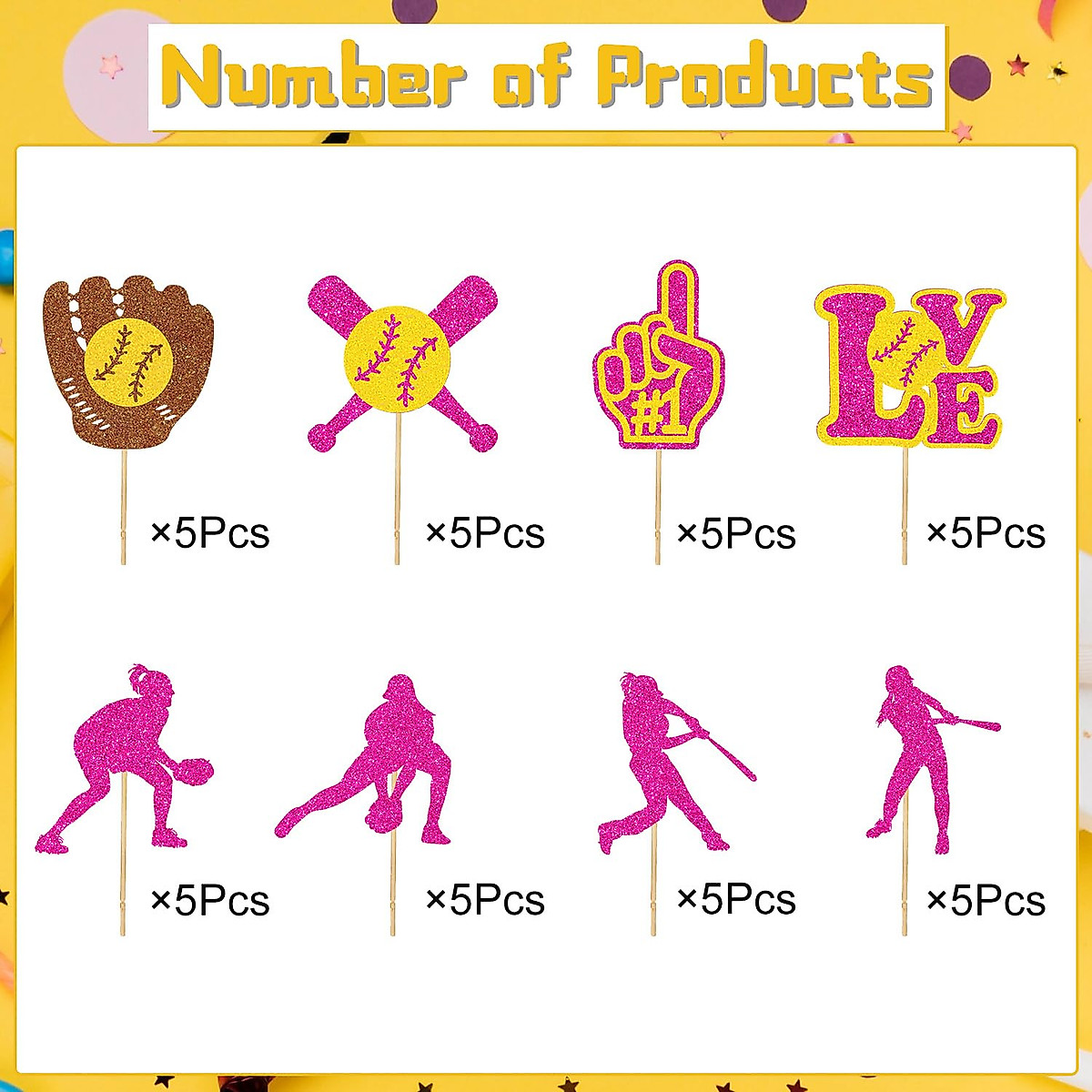 Rngmsi Softball Cupcake Toppers Decorations - 40PCS Softball Party Decorations Glitter Softball Birthday Cake Decorations Pink Softball Baby Shower Decor Supplies Softball Cupcake Toppers for Girls