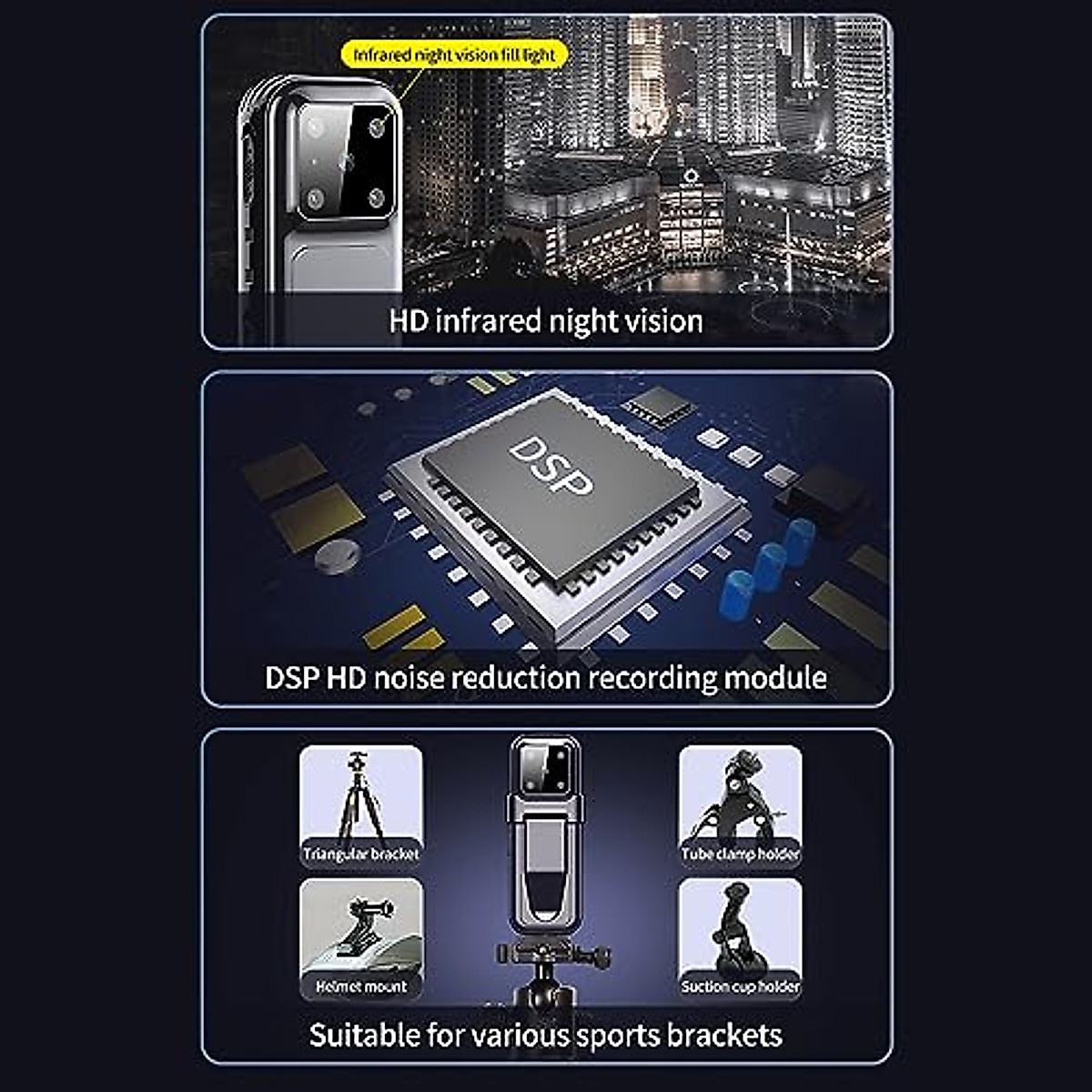 Back Clip Camera, Plastic Infrared Night WiFi HD Sports Camera USB2.0 Interface 1080P 16G Storage for Cycling