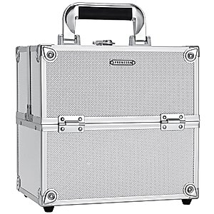 Professional Makeup Train Case Aluminum Makeup Box 4-Tier Trays Crafters Train Case Jewelry Storage Organizer with Lockable Portable Travel Makeup Storage Box for Women and Girls (Bright Silver)