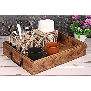Wooden Decorative Serving Tray with Metal Handles | Wood Trays for Breakfast in Bed, Lunch, Dinner, Appetizers, Patio, Ottoman, Coffee Table, Party (15" X 11" x 2.75")