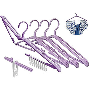 Fineget Travel Hangers with Clips Foldable Plastic Clothes Coat Shoes Socks Shorts Skirt Shirt Hangers Non Slip Heavy Duty Hangers Purple 4 PCS + 8 Clips