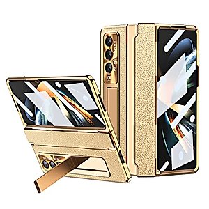Hinge Protection Case for Samsung Galaxy Z Fold 3 5G with Pen Holder,Luxury Plating Built-in Screen Protector Dustproof Shockproof Case Cover Compatible with Samsung Galaxy Z Fold 3 5G(Gold+Gold)