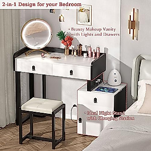 Vanity Desk with Lighted Mirror & Power Outlets, 44'' Makeup Vanity Set with Lights & 3 Drawers, Vanity Mirror with Lights Desk & Chair, Dressing Table with Reversible Cabinet & Stool, White & Black