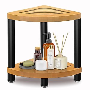 Corner Shower Stool with Storage Shelf,Waterproof Bamboo Corner Shower Seat for Bathroom,Sturdy and Non-Slip Shower Bench for Shaving Legs,Height Adjustable Metal Chair legs with Anti Slip Pad (Brown)