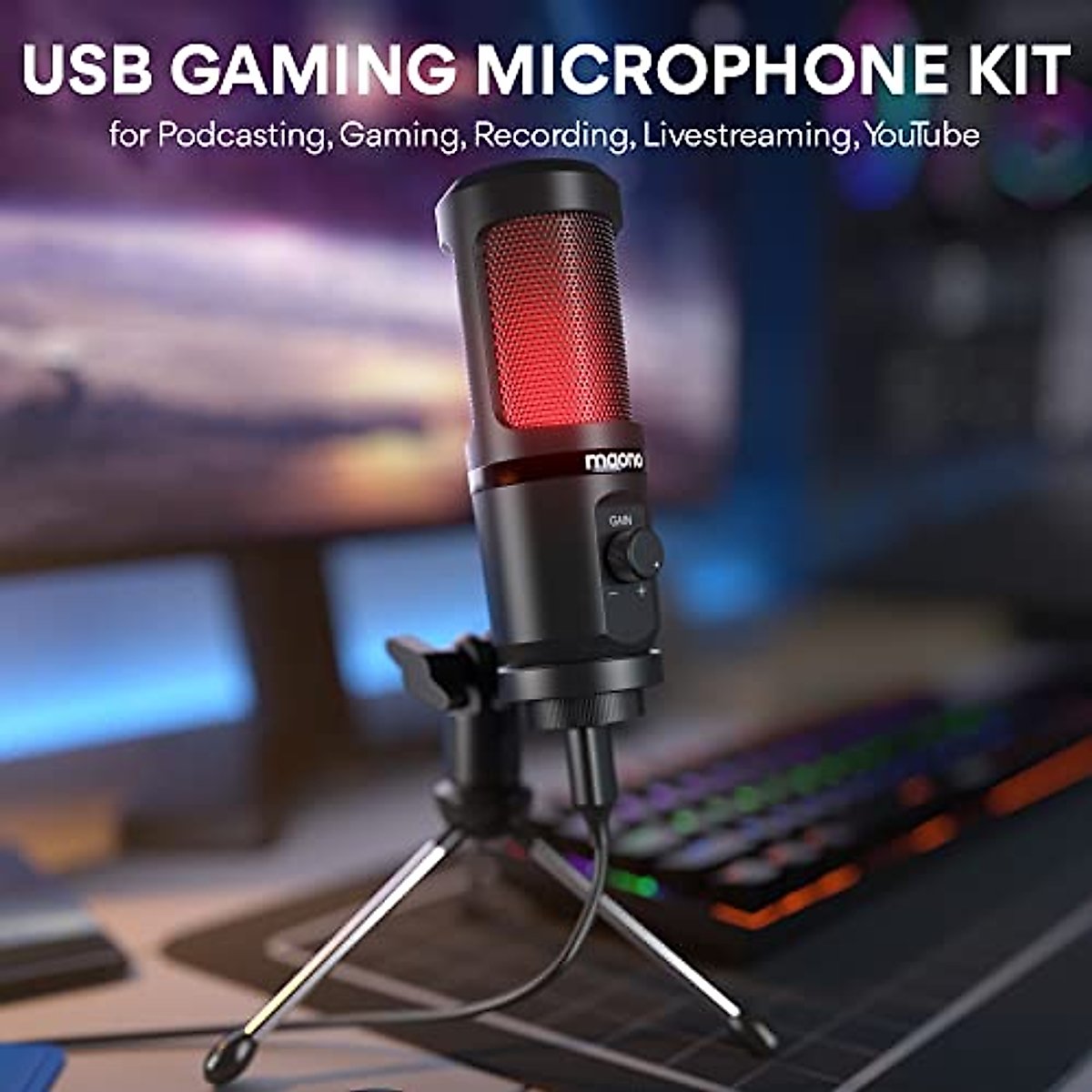MAONO USB Gaming Microphone for PC, Computer Condenser Mic with Gain Knob, RGB Light, Tripod Stand for Recording, Podcasting, Streaming, Compatible with PS5 PS4 Mac Laptop Desktop (PM461TR RGB)