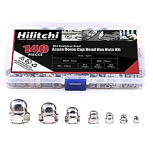 Hilitchi 140-Pcs M3 M4 M5 M6 M8 M10 M12 Acorn Dome Cap Head Hex Nuts Assortment Kit, 304Stainless Steel