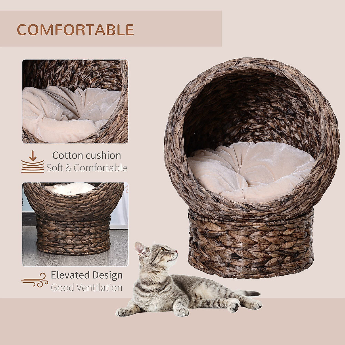 PawHut Handwoven Elevated Cat Bed with Soft Cushion & Cat Egg Chair Shape, Cat Basket Bed Kitty House with Stand, Raised Wicker Cat Bed for Indoor Cats, 23.5" H, Grey