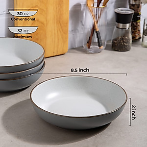 AmorArc 8.5'' Stoneware Pasta Bowls, 32oz Large Speckled Bowls Set of 4 for Kitchen, Wide & Flat Bowls for Pasta,Salad,Oatmeal, Microwave&Dishwasher Safe, Matte Gray