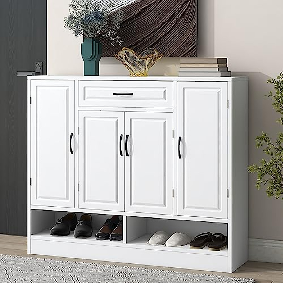 Modern Shoe Cabinet with Adjustable Shelves and Sturdy Top Surface, Wood Sideboard with 1 Drawers, Multifunctional Storage Cabinet for Entrance Corridor Bedroom (White + Particle Board-035)
