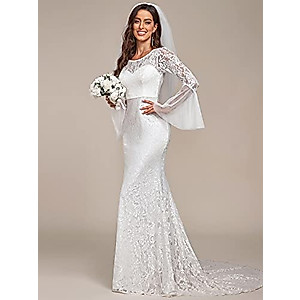 Ever-Pretty Women Custom Curve Charming Open Back Tulle Floor Length Bridal Dress with Long Lace Trian White US30