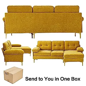 TEKAMON Yellow Sectional Sofa Couch for Living Room, Samll couches for Small Spaces, Chenille Fabric L- Shaped Sofa, Modern Loveseat Sofa with Chaise, Removable Covers，Convertible/Reversible Couch