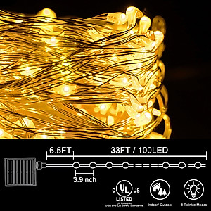 kemooie 2 Packs Solar String Lights, Total 200 LED 66FT 8 Twinkle Modes Warm White Solar Powered Fairy Lights, Waterproof for Outdoor, Tree, Garden, Christmas Decorations (Warm White)