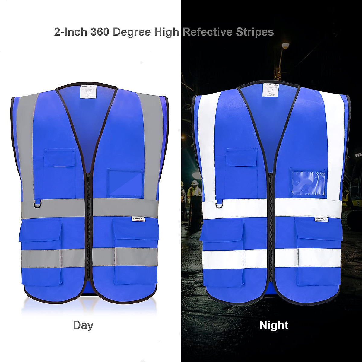 WORCBGIO Reflective Safety Vest with Pockets High Visibility Sliver Strip for Men and Women (Blue, Medium