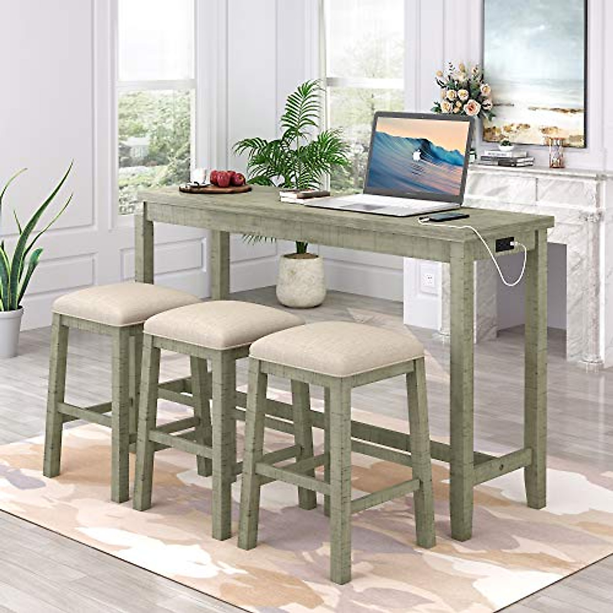 Quarte 4-Piece Counter Height Bar Table Set, Multipurpose Dining Room Set with Fabric Padded Stools and Socket,Wood Rustic Dining Set