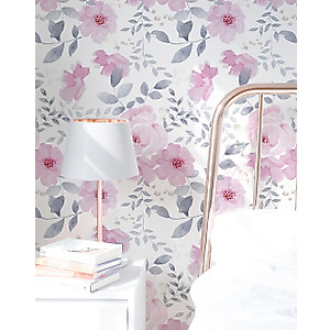 Floral Wallpaper Floral Contact Paper Peel and Stick Wallpaper Boho Wallpaper for Bedroom Pink Flower Wallpaper Leaf Wallpaper Self-Adhesive Removable Wallpaper Watercolor Kids Nursery 17.3“×78.7”