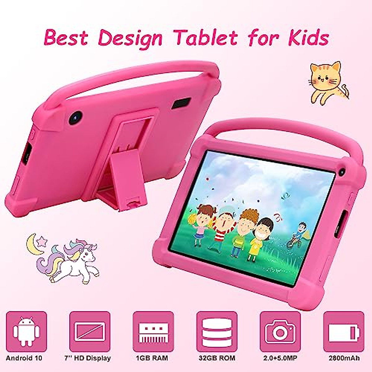 Kids Tablet 7 inch, Android Tablet for Kids, 16GB ROM, Support 128GB Expand, with Parental Control, Google Certified Toddler Tablet, WiFi, Bluetooth, Dual Camera Tablet with Silicone Case