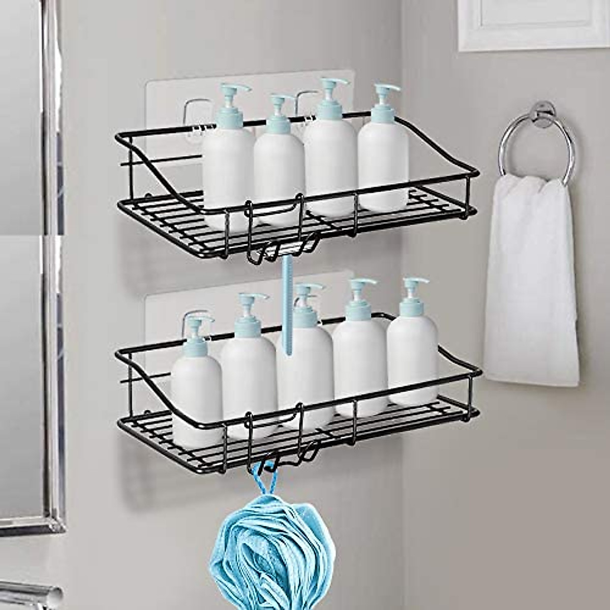 Nieifi Shower Caddy Shelf with Hooks Storage Rack Organizer Adhesive Stainless Steel Without Drilling for Bathroom, Lavatory, Washroom, Restroom, Shower, Toilet, Kitchen - 2 Pack (Black)