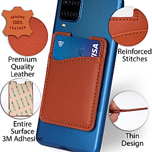 dizzy creek designs Premium Brown Leather Phone Wallet - 3.5"x3.7" Card Holder Stick on Wallet for iPhones and Android Smartphones - Easy to Attach