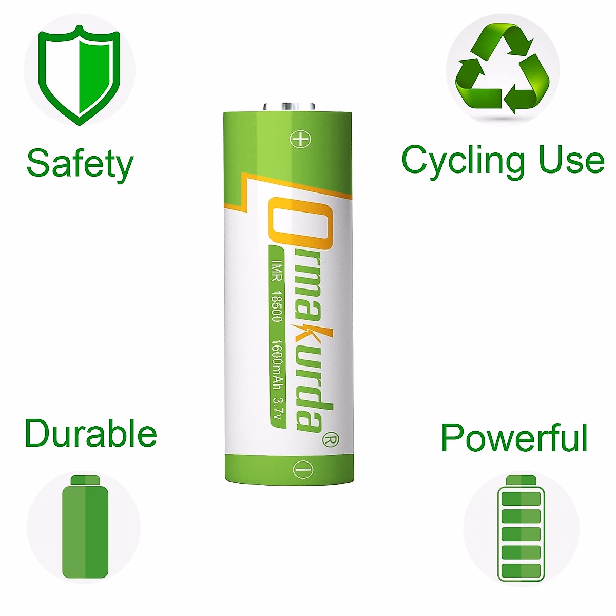 Ormakurda 18500 Rechargeable Battery, IMR 18500 1600mAh 3.7V Li-ion Rechargeable Batteries with Button Top,for Flashlight, Solar Garden Light (2Pack)