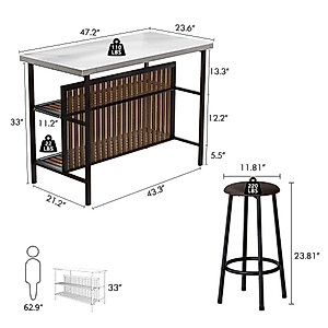 Recaceik 3 Piece Pub Table Set, Rectangular Bar Table with 2 Bar Stools, Faux Marble Dining Room Table Set of 2, Modern Counter Height Table with Storage, Kitchen Island with Seating