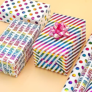 LDGOOAEL Mini Short Birthday Wrapping Paper Roll - 17" X 120" Per Roll - Colorful Foil with Stripes, Dots & Happy Birthday Lettering Gift Wrapping Paper for Holiday, Birthday, Wedding, Baby Shower