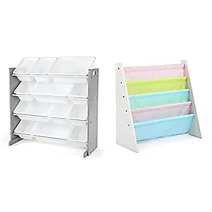 Humble Crew, Grey/White Kids Toy Organizer with 12 Storage Bins, Toddler & Kids Book Rack Storage Bookshelf, White/Pastel (Pastel Collection)