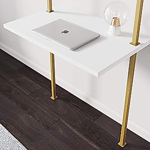 Nathan James Theo 2-Shelf Industrial Wall Mount Ladder Small Computer or Writing Desk, White/Gold Brass