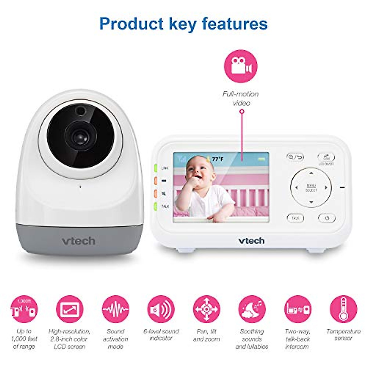VTech VM3261-2 2.8” Digital Video Baby Monitor with 2 Pan & Tilt Cameras, Full Color and Automatic Night Vision, White