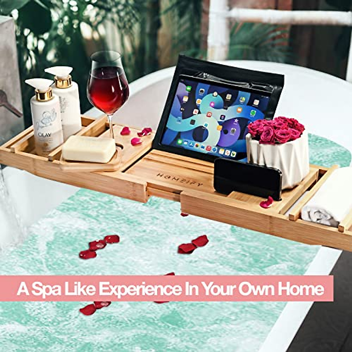Premium Bamboo Bathtub Tray Caddy - Waterproof Tablet/Phone Case & Razor Slot - Expandable Bath Tray (up to 44in), Luxury Spa Bathtub Caddy, with Adjustable Reading Rack - Patent Pending
