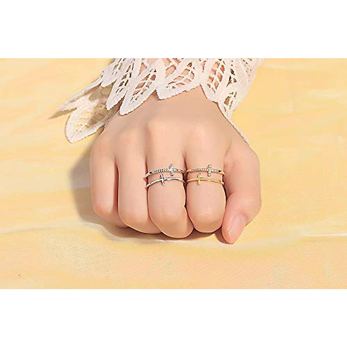 Flzaitian Simple Fashion Double Layer Cross Open Ring,Crystal Cross Finger Rings for Couple Women Girl (Silver)