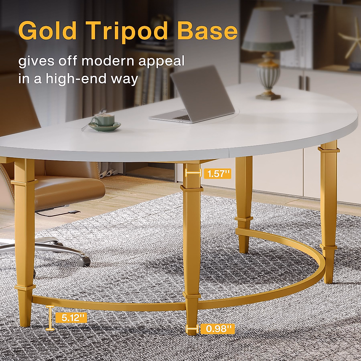 Tribesigns 63 Inch Computer Executive Desk, Modern Simple Study Writing Desk with Half Round Thick Tabletop and Heavy Duty Metal Frame, Large Desk Laptop Table Workstation for Home Office, White/Gold