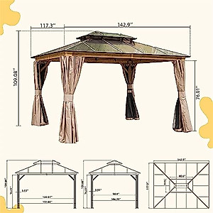 Evedy 10'x12' Hardtop Gazebo,Aluminum Gazebo Pavilion with Curtain and Net,Permanent Outdoor Gazebo with Polycarbonate Double Roof,for Garden, Patio, Lawns, Deck, Backyard-Yellow Brown