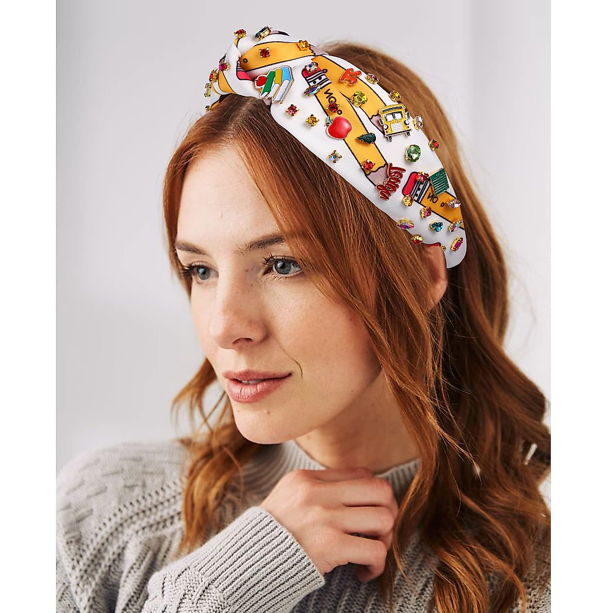 mokkia Teacher Headband Accessories for Women Book Pencil FRI-YAY Headband Rhinestone Crystal Embellished Knotted Headbands Back To School Teacher Appreciation Gifts Teacher Outfits (Pattern B)