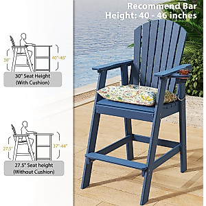 Sundale Outdoor Adirondack Bar Chairs Set of 2, Patio HDPE Bar Stools with Backrest, 30 Inch Seat Height Bistro Tall Dining Counter Barstools with Cushion, All-Weather Pub Height Chair, Navy Blue