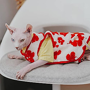 Sphynx Cat Clothes Fleece Winter Warm Thicken Coat with Sleeveless Cute Snap Handwork Jacket Cat Apparel Pet Clothes for Cat (Red Flowers, M (6-7.7lbs))