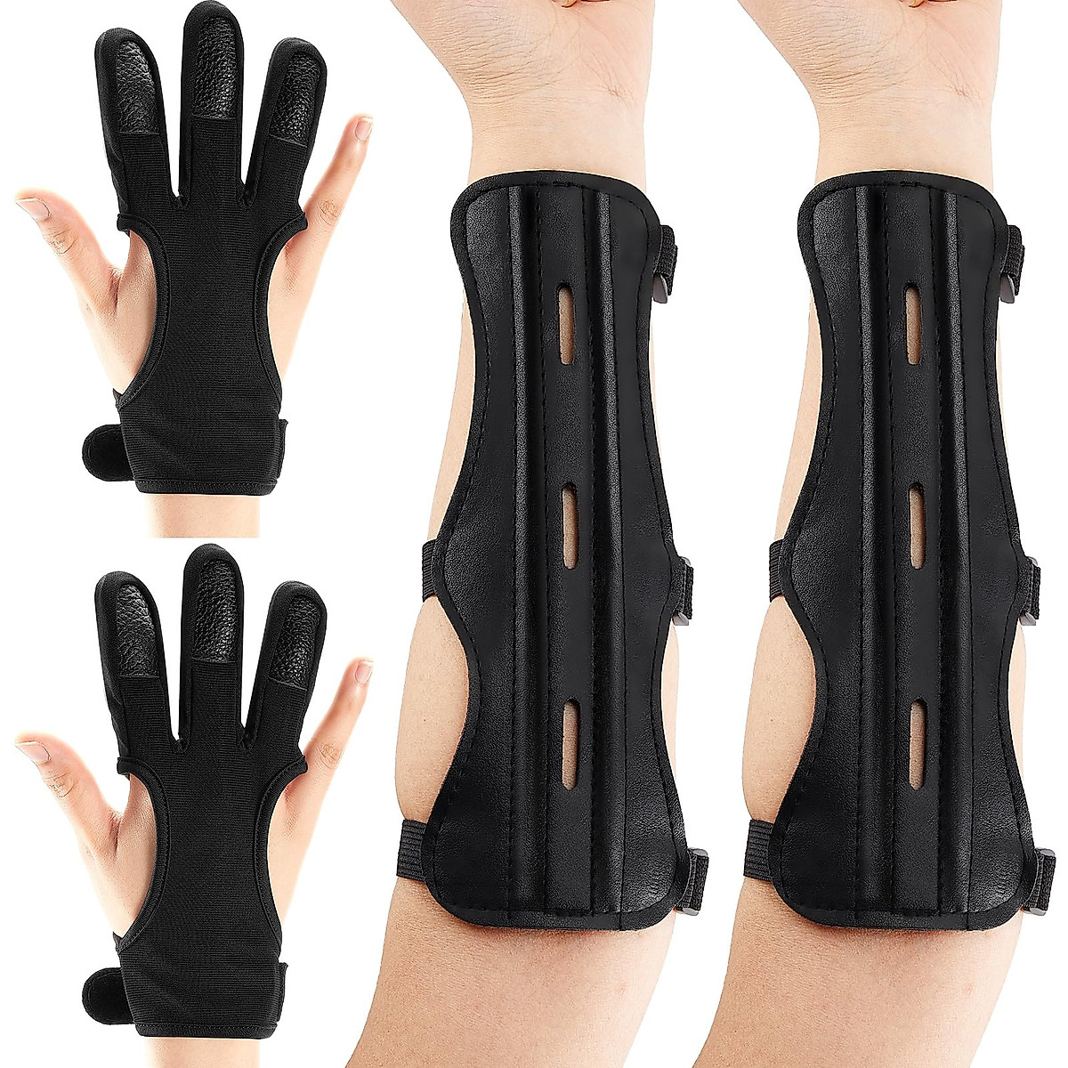 Sratte Archery Arm Guard Archery Glove Youth Kit Adjustable 3 Strap Archery Wrist Guard Leather PU Archery Bracer Three Finger Archery Finger Tab Bow Finger Guard for Adult Hunting Shooting(2)