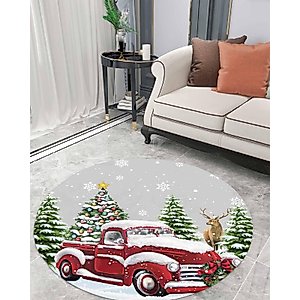 Christmas Fluffy Round Area Rug Carpets 3ft, Plush Shaggy Carpet Soft Circular Rugs, Non-Slip Fuzzy Accent Floor Mat for Living Room Bedroom Nursery Decor Snowy Red Truck Forest Winter Elk Tree Grey