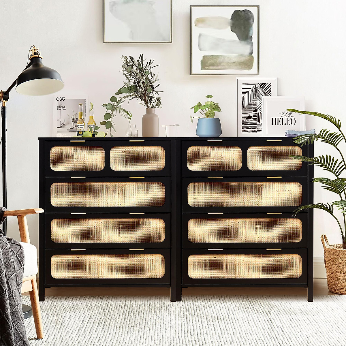 LEVNARY 4 Drawer Dresser Set of 2, Rattan Dressers Storage Cabinet with Metal Handles, Wooden Chest of Drawers Dresser for Bedroom, Entryway, Living Room, Hallway (2, Black)