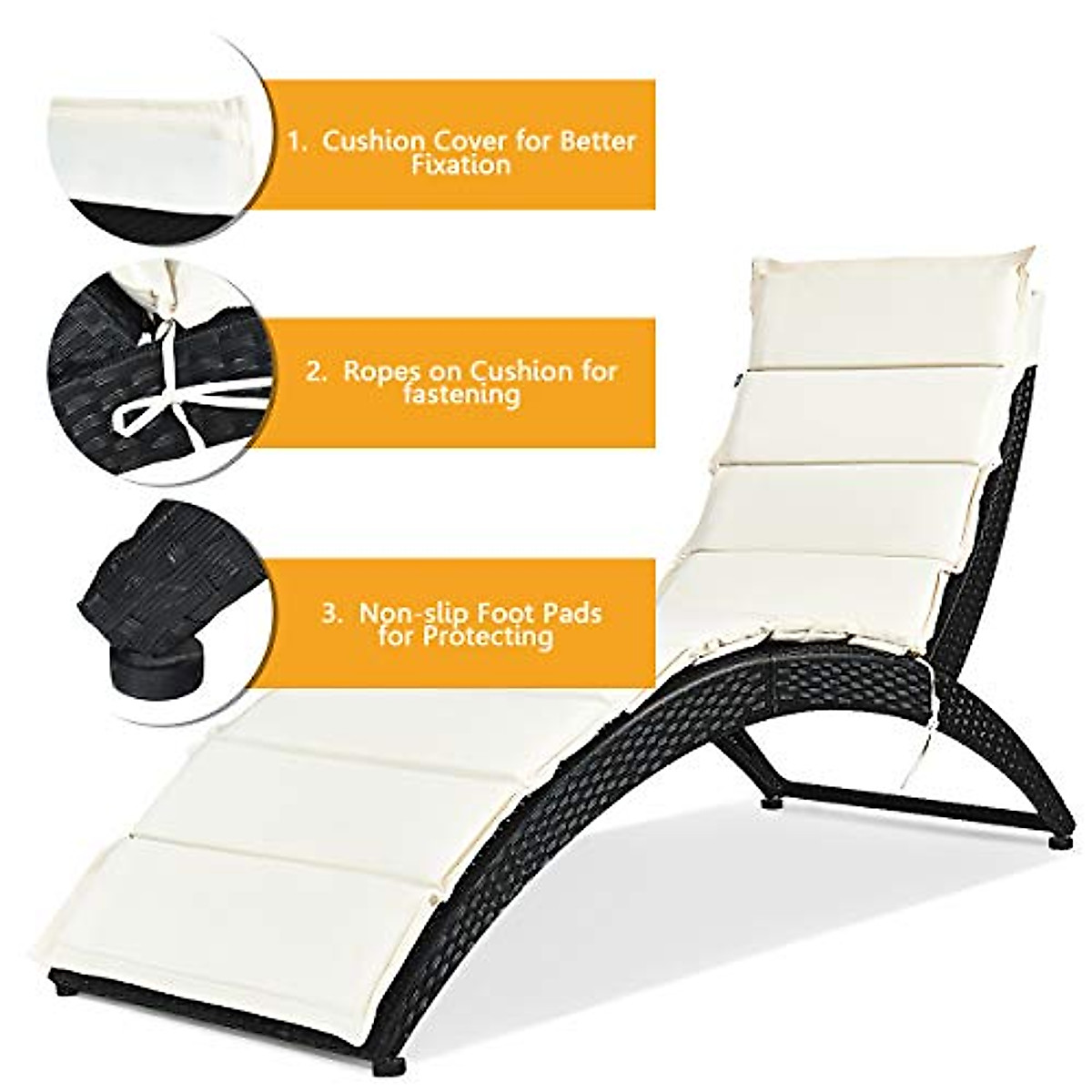 Tangkula Foldable Patio Lounge Chair, Outdoor Rattan Lounger Chaise, Portable Patio Chaise with Cushion, All-Weather Wicker Furniture for Garden Lawn Balcony Backyard Poolside (1, Beige)